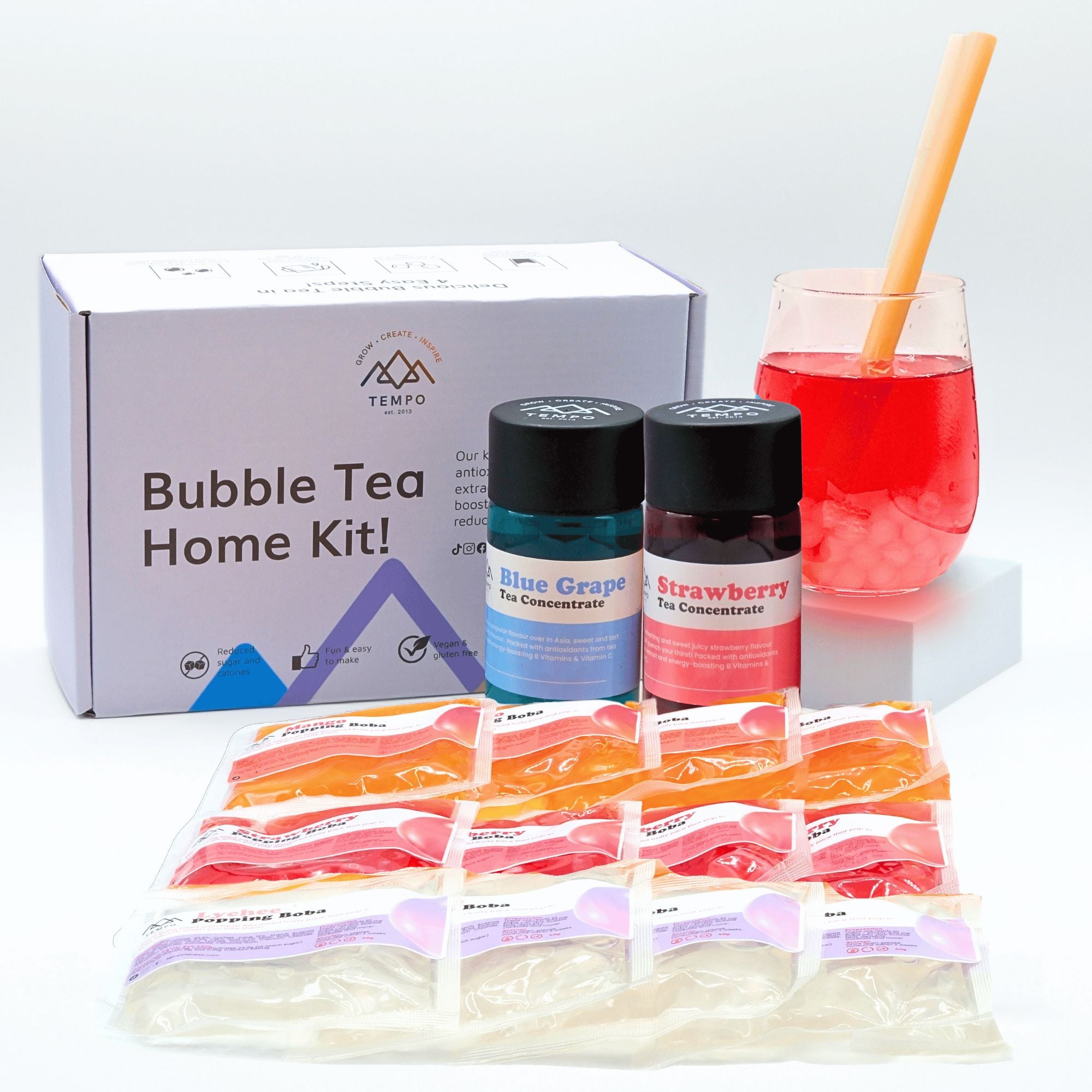 Strawberry & Blue Grape Bubble Tea Kit with Popping Boba | Serves 12 ...