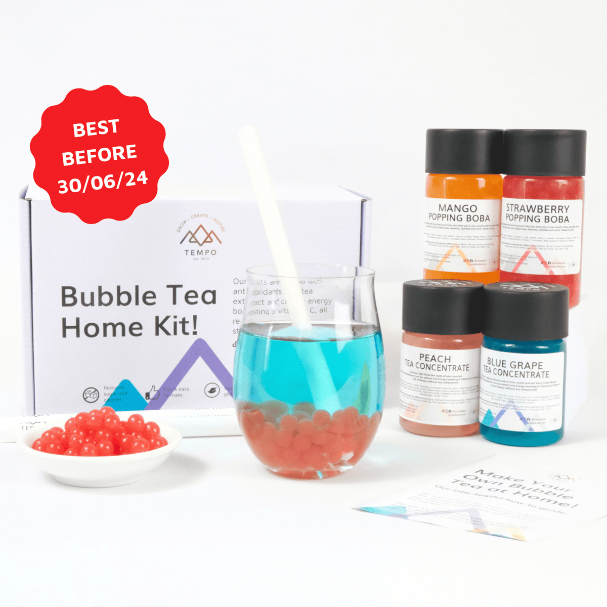 Blue Grape & Peach Fruit Bubble Tea Kit with Popping Boba | Serves 6 ...